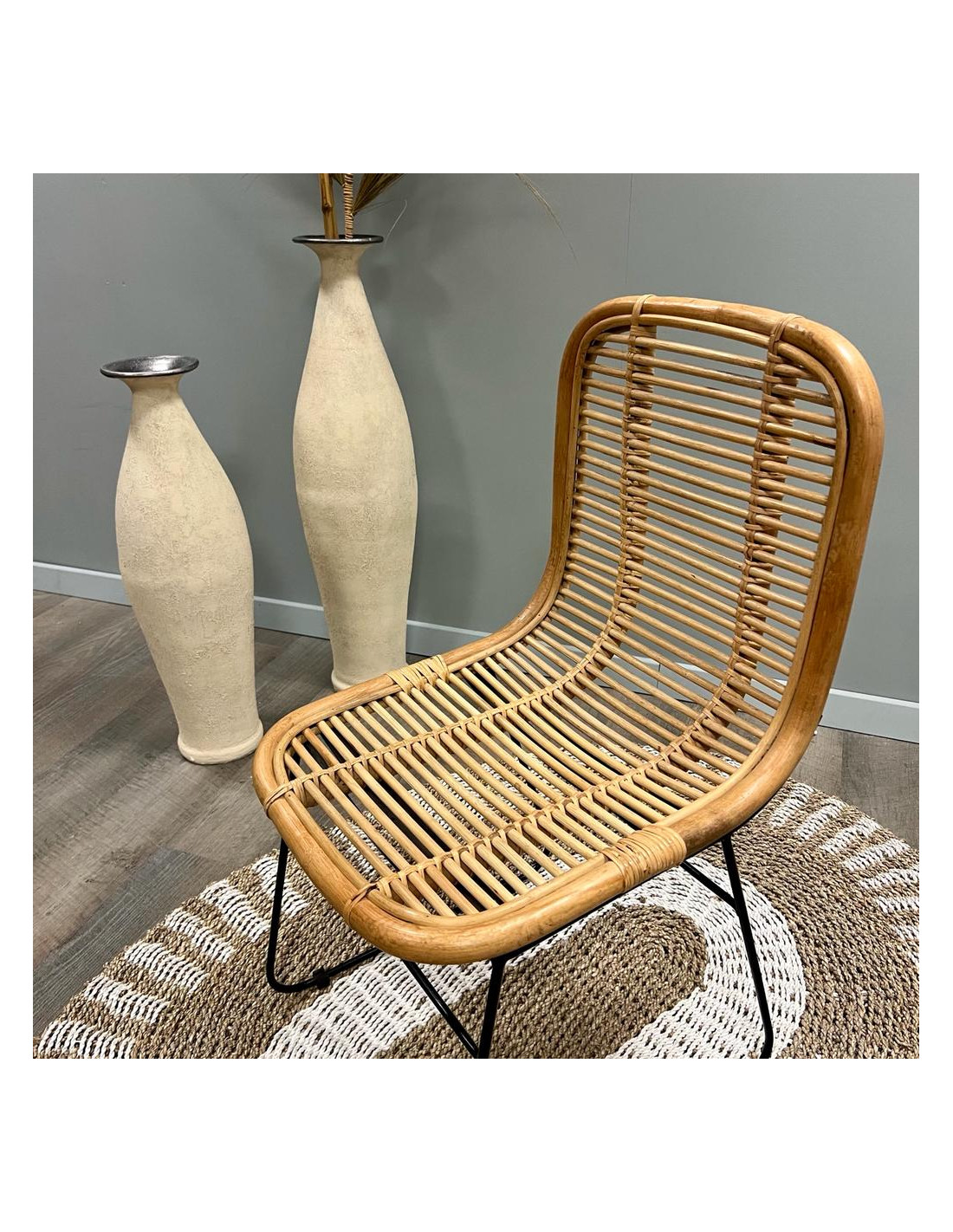 Chaise Rotin Pieds Métal Noir - Naturel